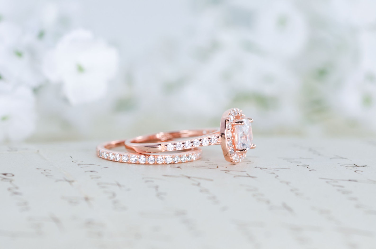 Halo Wedding Ring Set Cushion Cut Ring Engagement Ring - Etsy