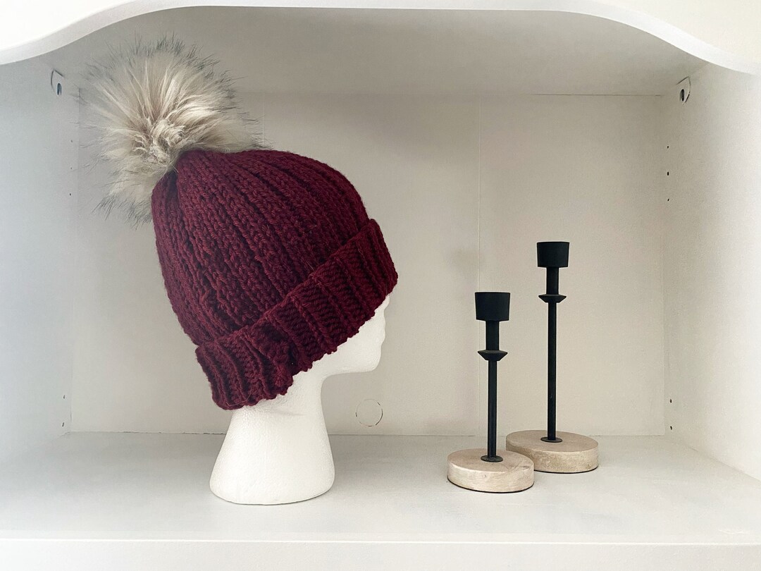 Dark Maroon Hand Knitted Beanie With Tan Pom for Women and Girls, Cozy ...