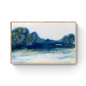 Original Watercolor Forest Landscape Painting: Blue Green Wall Art ...