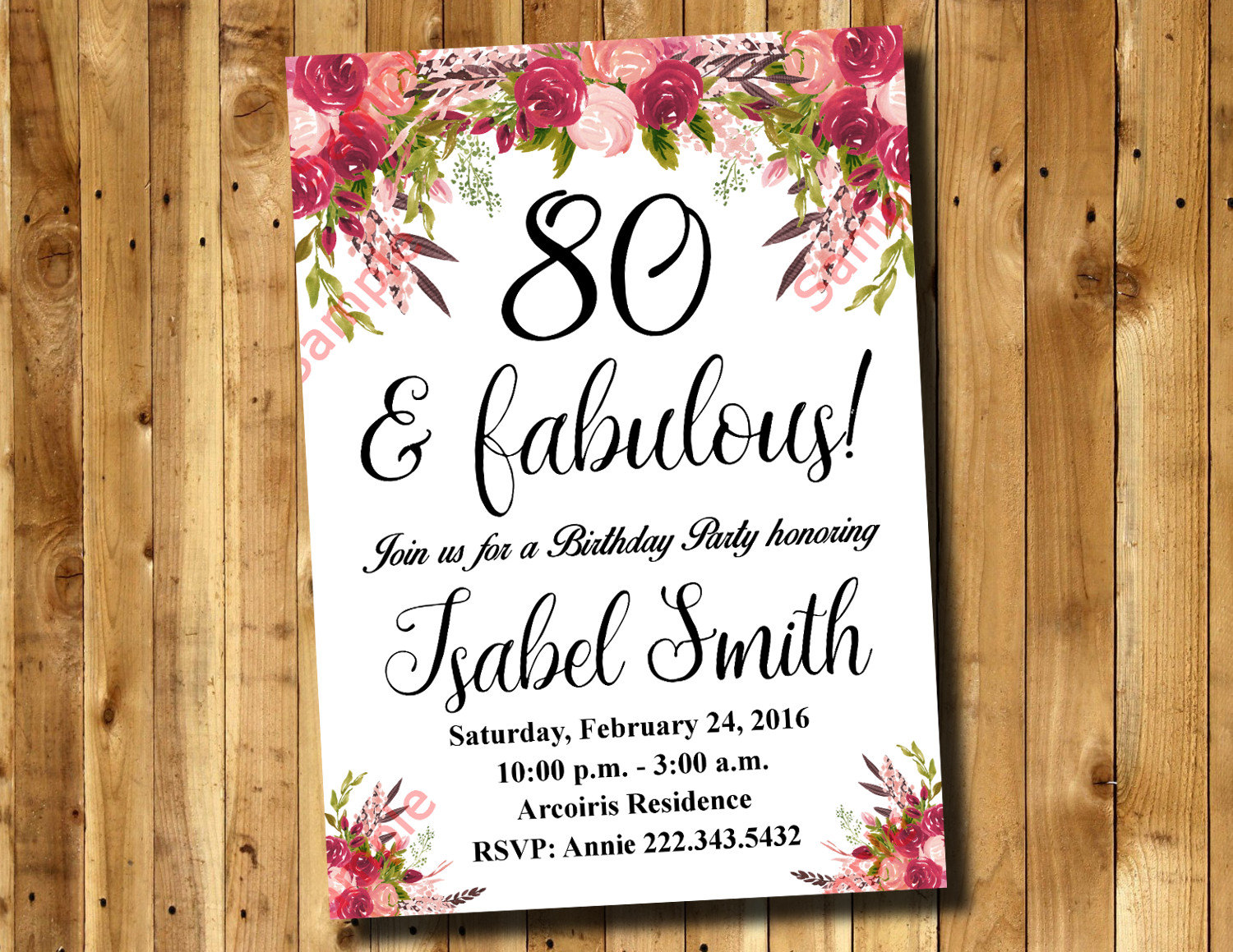 Invitation Card Design For 80th Birthday Cherry Blossom Pink Floral