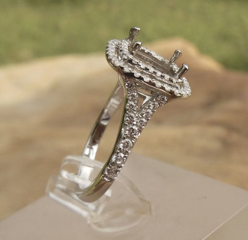 14K White Gold Diamond Double Halo Semi Mount Ring: 6x7mm Cushion Cut ...