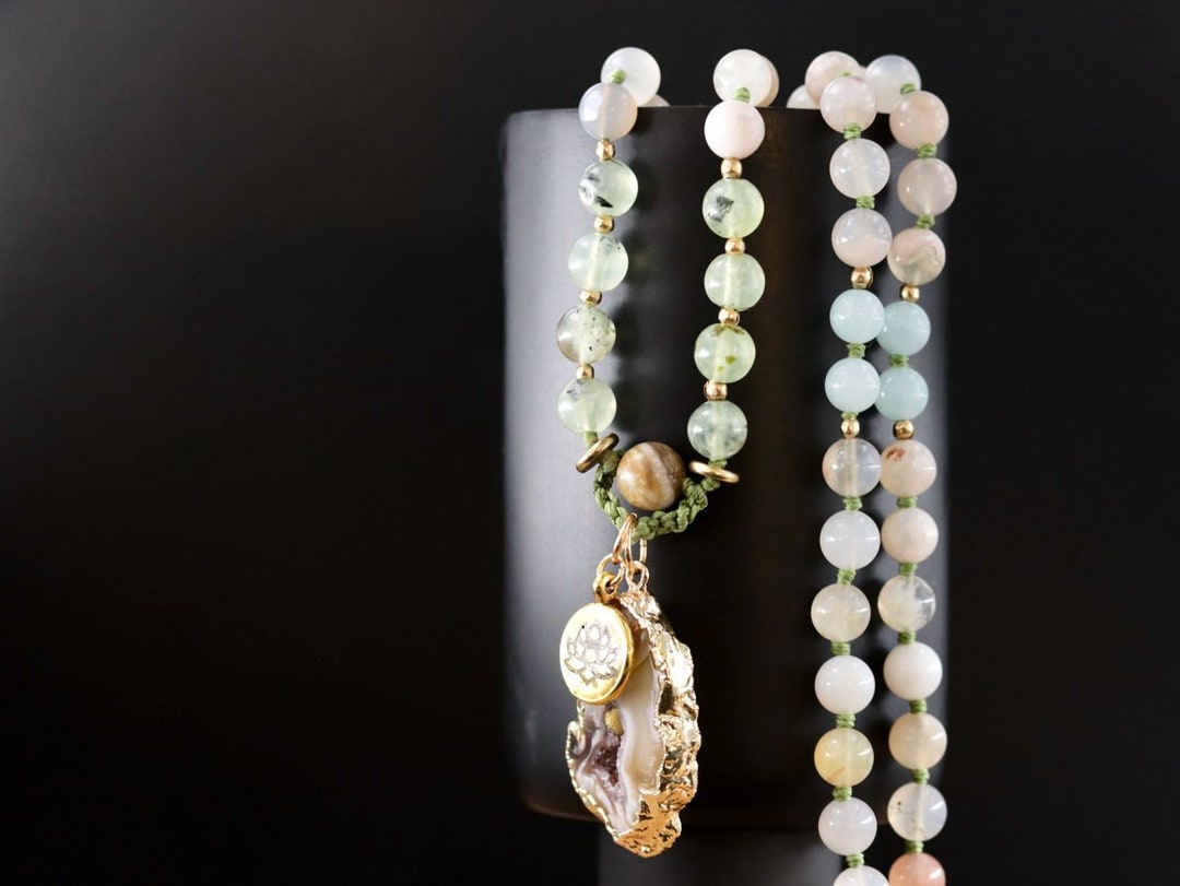 Mala Beads 108 Cherry Blossom Agate Prehnite Aqua Gemstone - Etsy