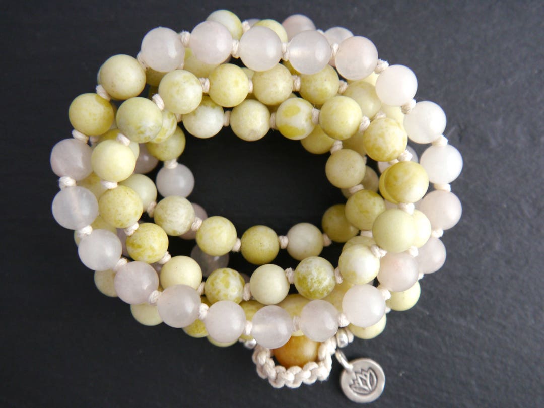 Pink Aventurine Green Peridot Serpentine Mala Beads, 108 Gemstone ...
