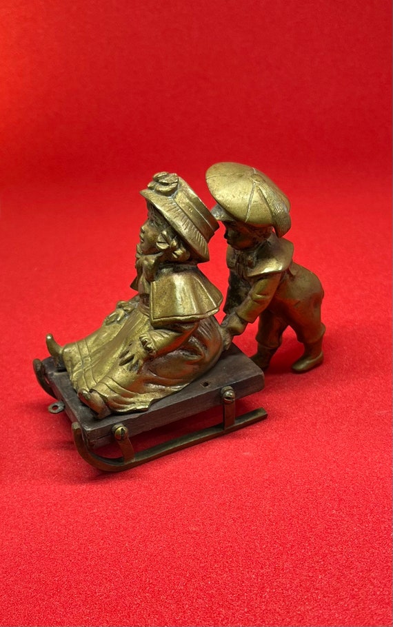 Antique Victorian Children Sledding Statue Brass and Wood - Etsy
