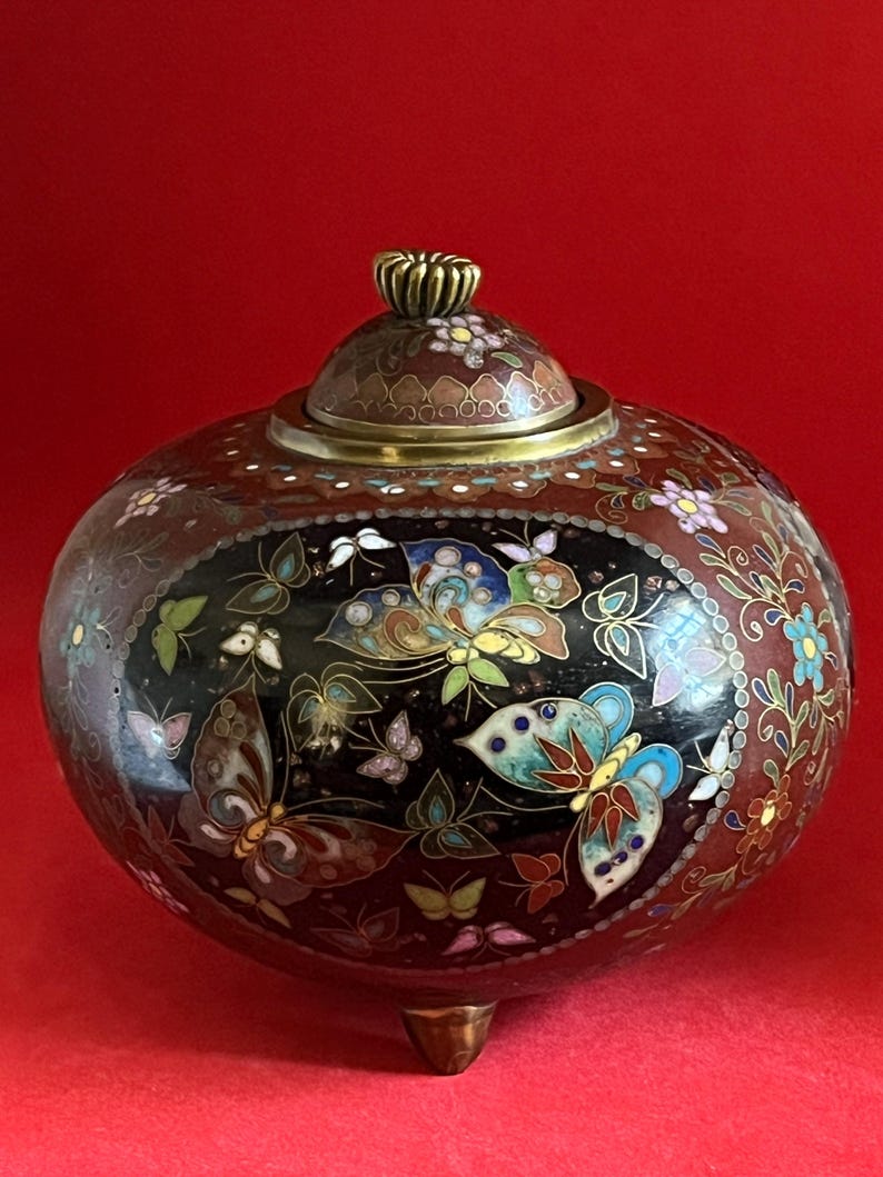 Gorgeous Antique Meiji Japanese Cloisonné Covered Jar Container W ...