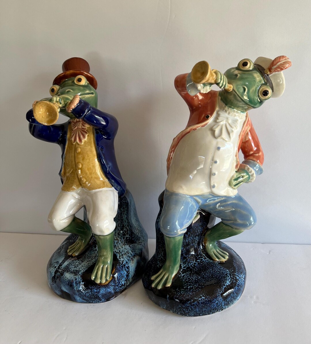 Pair of Horn Playing Majolica Frogs Frog Band Fanciful Frog Figurines ...