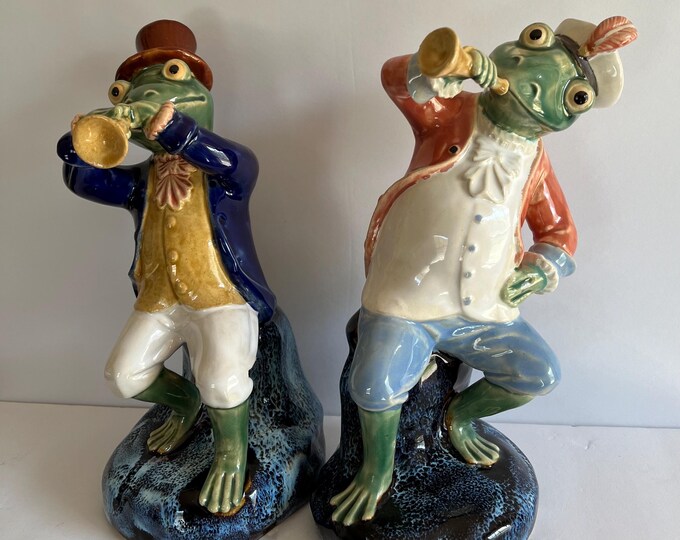Pair of Horn Playing Majolica Frogs Frog Band Fanciful Frog Figurines ...