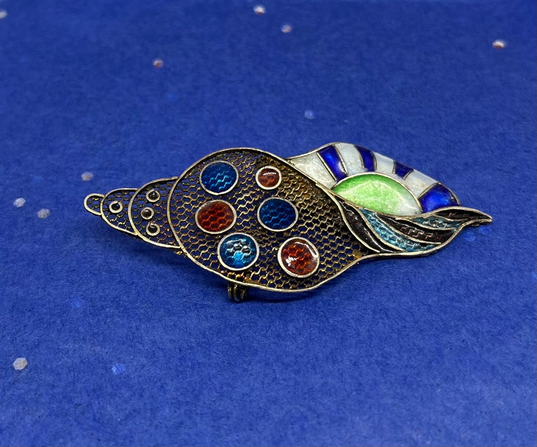 Vtg Chinese Export Vermeil Filigree Enamel Art Deco Seashell Brooch - Etsy