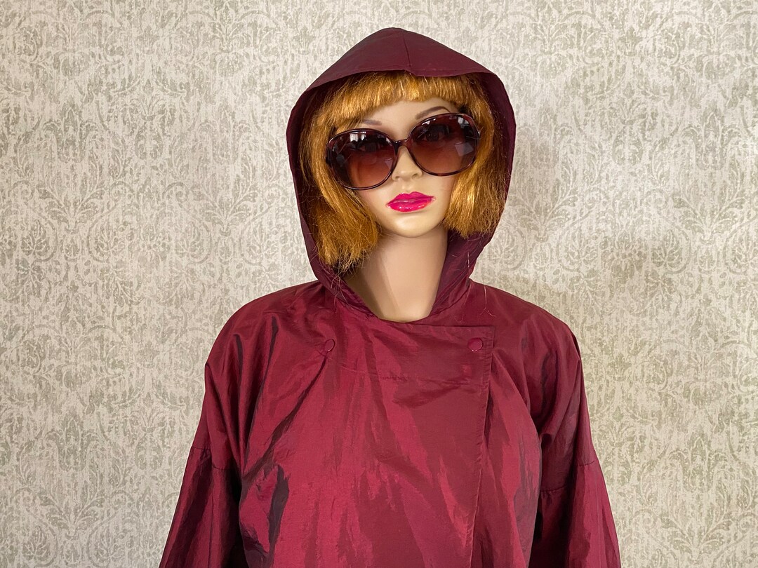 Vintage Boxy Raincoat | Maroon Iridescent Nylon Hood Coat | Hooded Rain ...