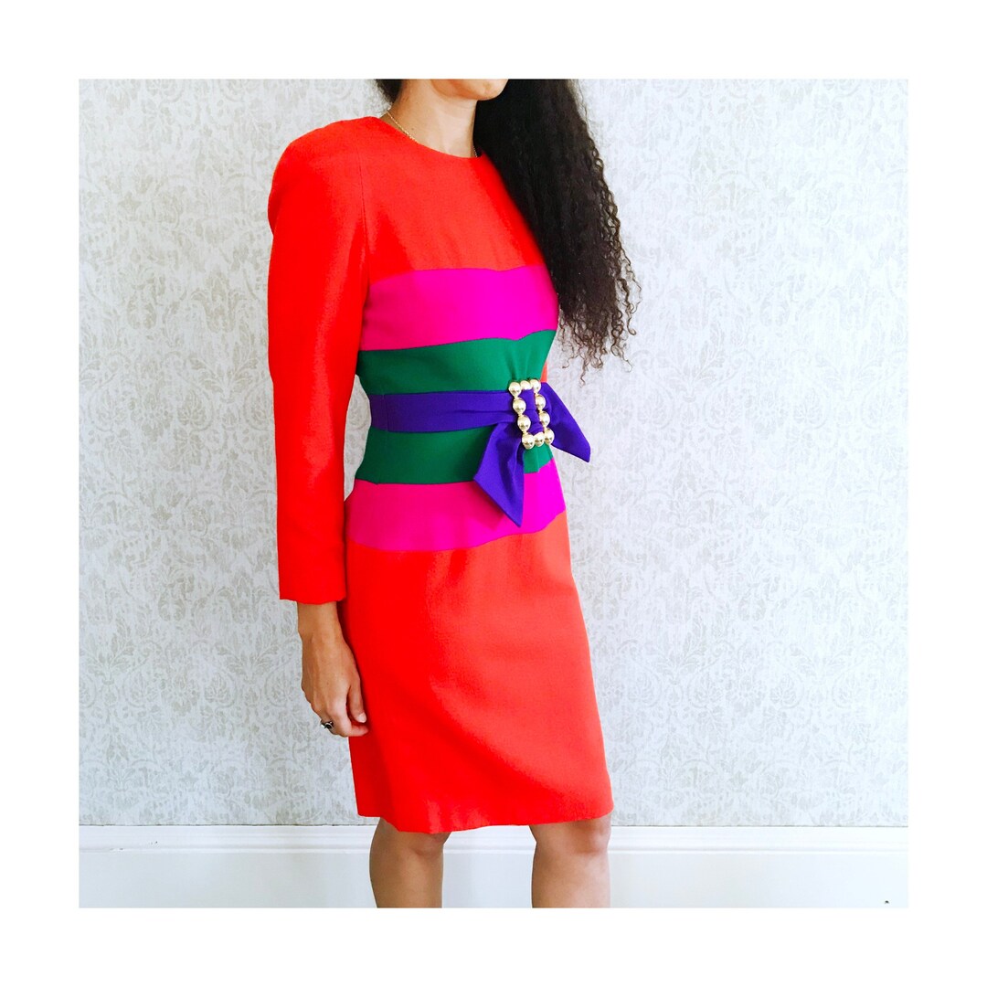 Vintage Color Block Wool Dress: Belted 80s Cocktail Sheath, Size 6 - Etsy
