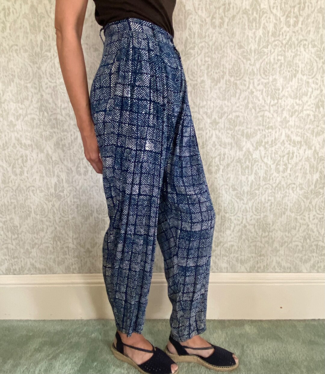 Vintage Indigo Dye Trousers | Batik High Waisted Pants | 80s 90s ...