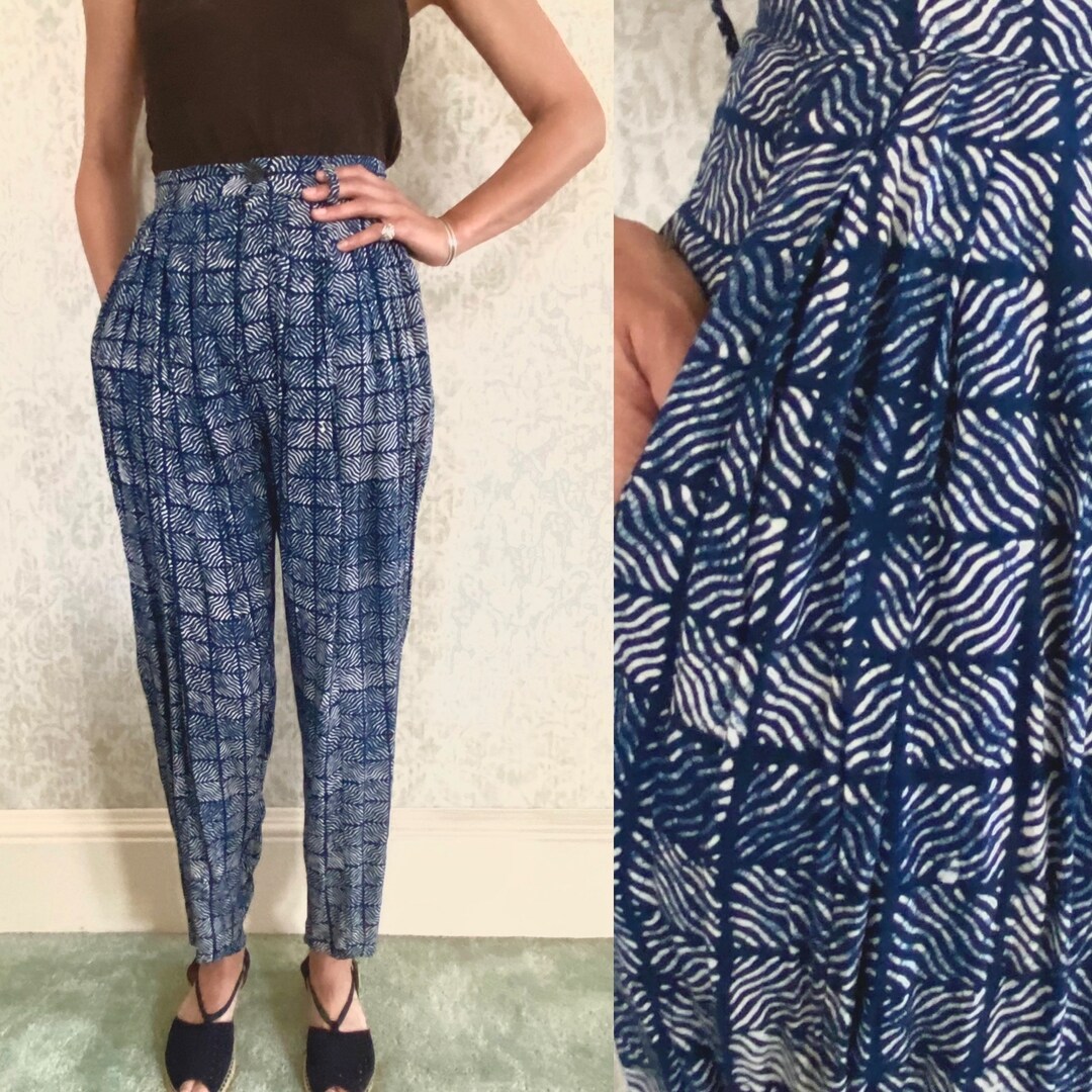 Vintage Indigo Dye Trousers Batik High Waisted Pants 80s 90s Tapered ...