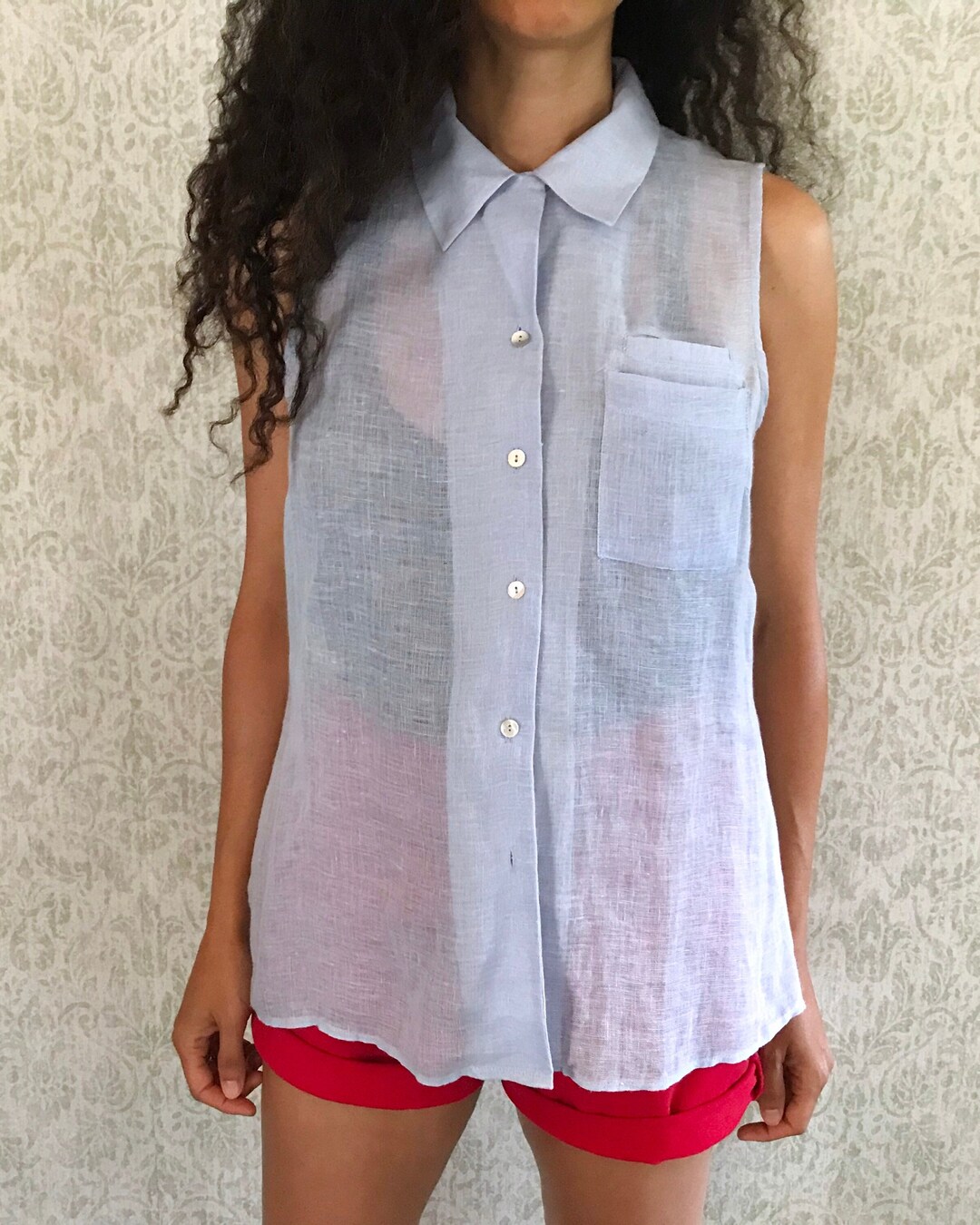 Vintage Linen Tank Top | Baby Blue Preppy Shirt | Minimalist Modern ...