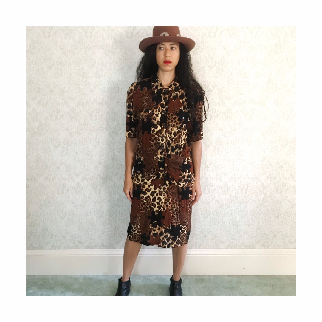 Vtg Animal Print Dress | Vintage 80s Cheetah Leopard Pattern Block ...
