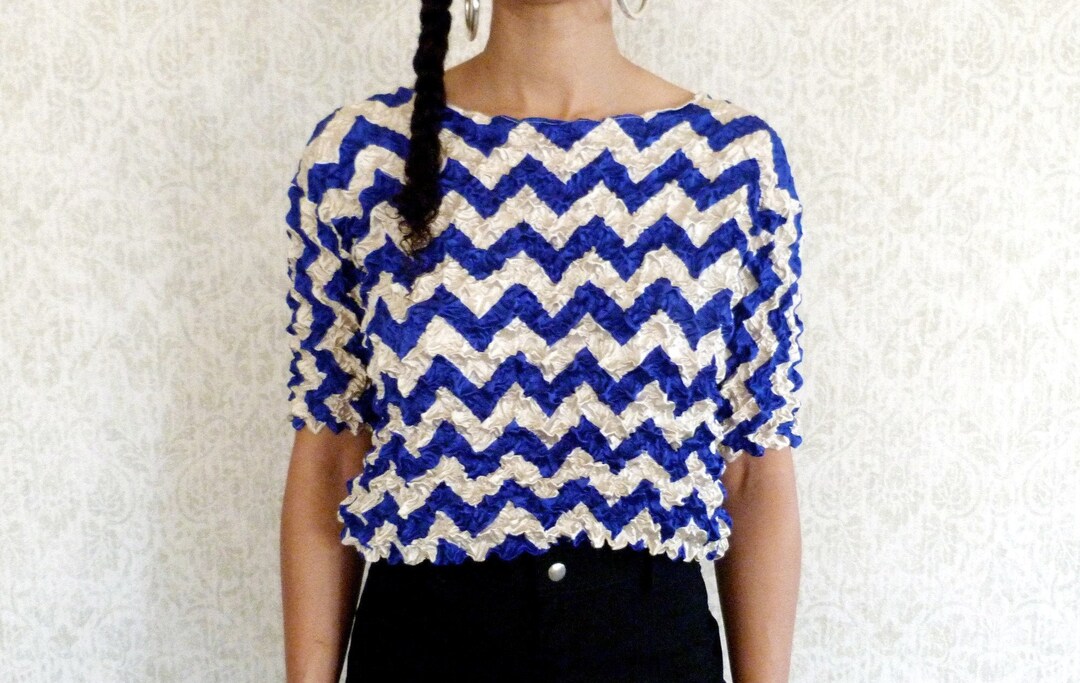 Vintage Popcorn Blouse 80s 90s Crinkle Blouse Royal Blue Zig - Etsy