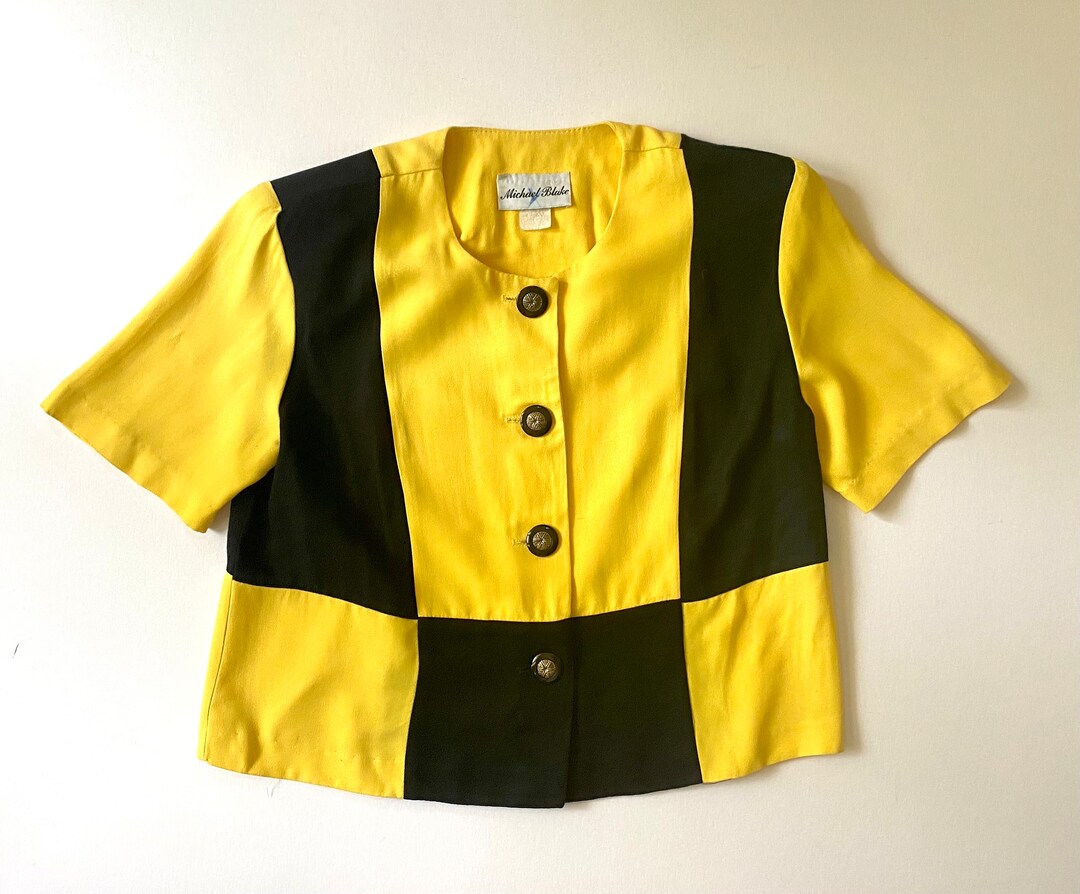 Vintage 80s Checker Print Blazer Top: Yellow & Black Short Sleeve Coat ...