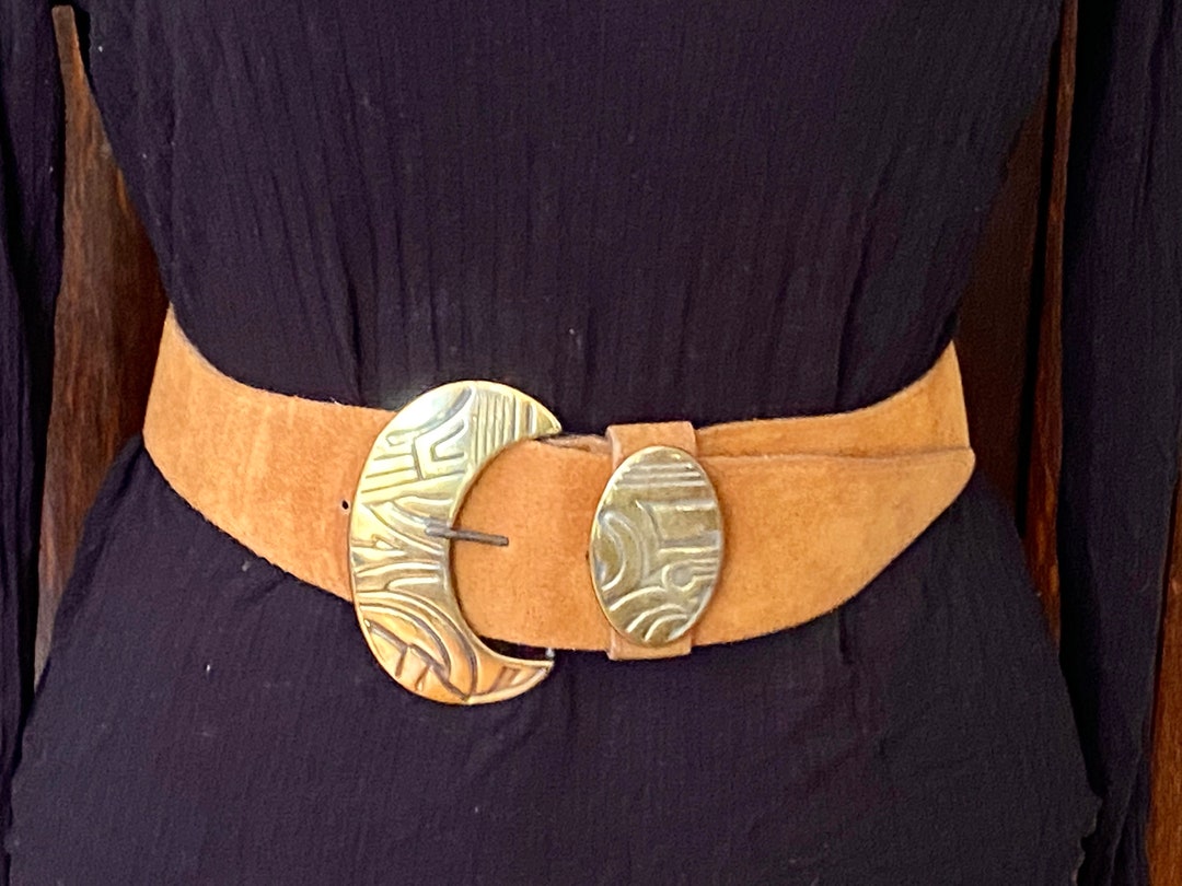 Vintage 70s Suede Leather Belt: Camel Brown Brass Buckle - Etsy