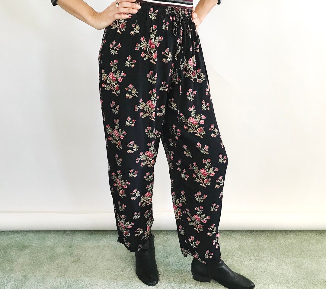 Vintage High Waisted Floral Pants Wide Leg Trousers Flower Print 80s ...