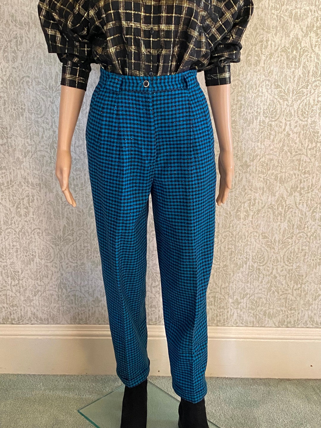 Vintage Plaid Wool Pants: 80s High Waisted Lurex Trousers - Etsy