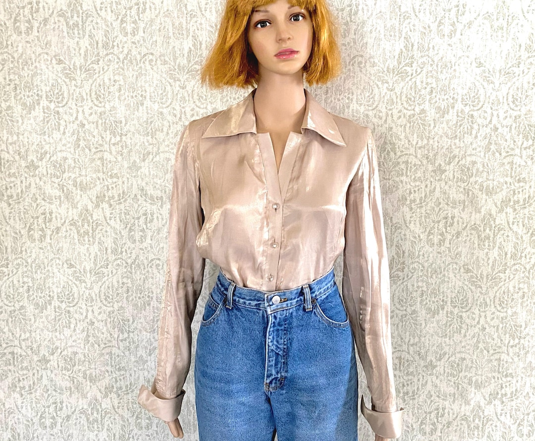 Vintage Iridescent Blouse | Vtg Golden Long Sleeve Shiny Top | 90s ...