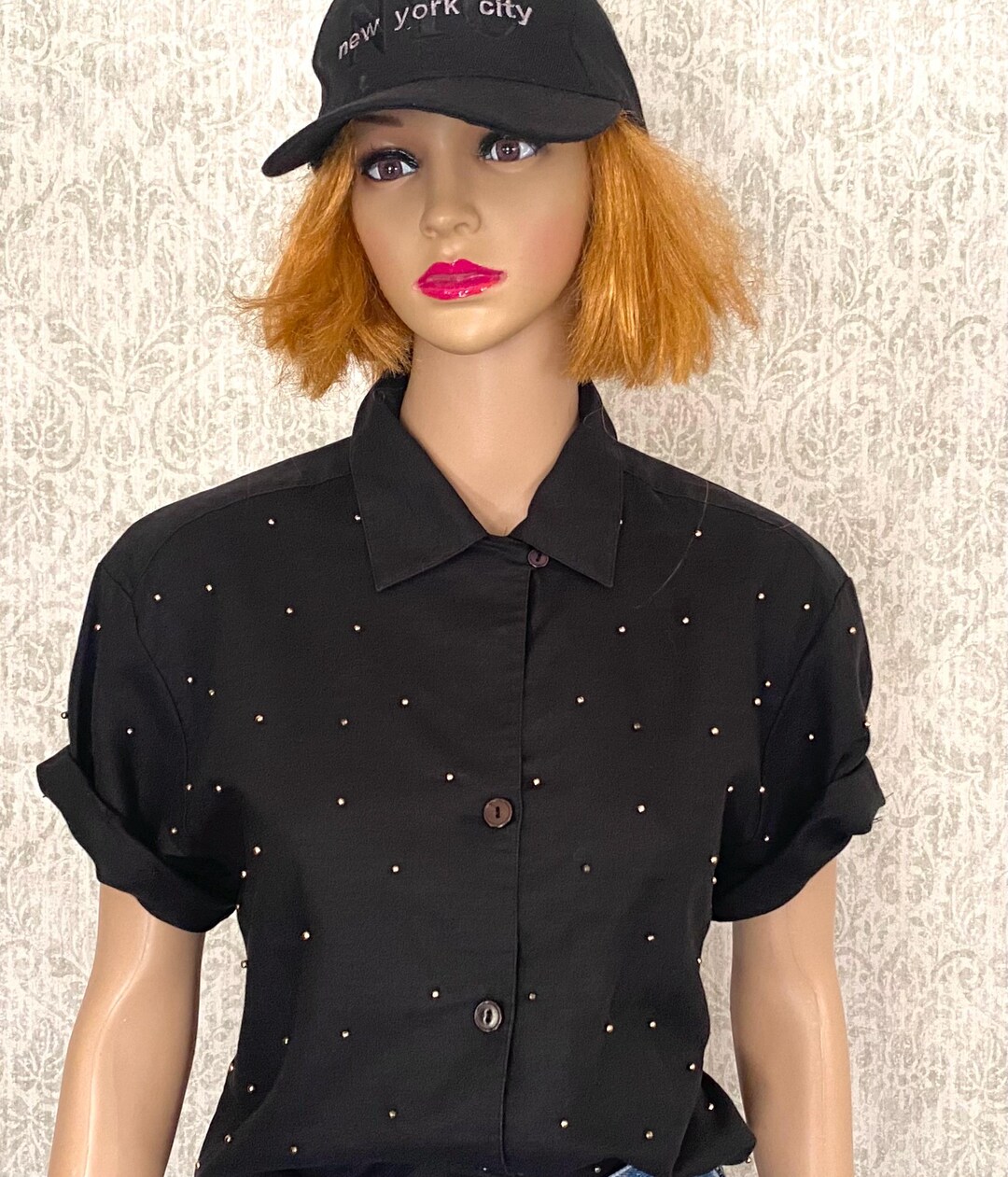 Vtg Gold Beaded Collared Top 90's Black Cotton Ramie Shirt Vintage Adam ...