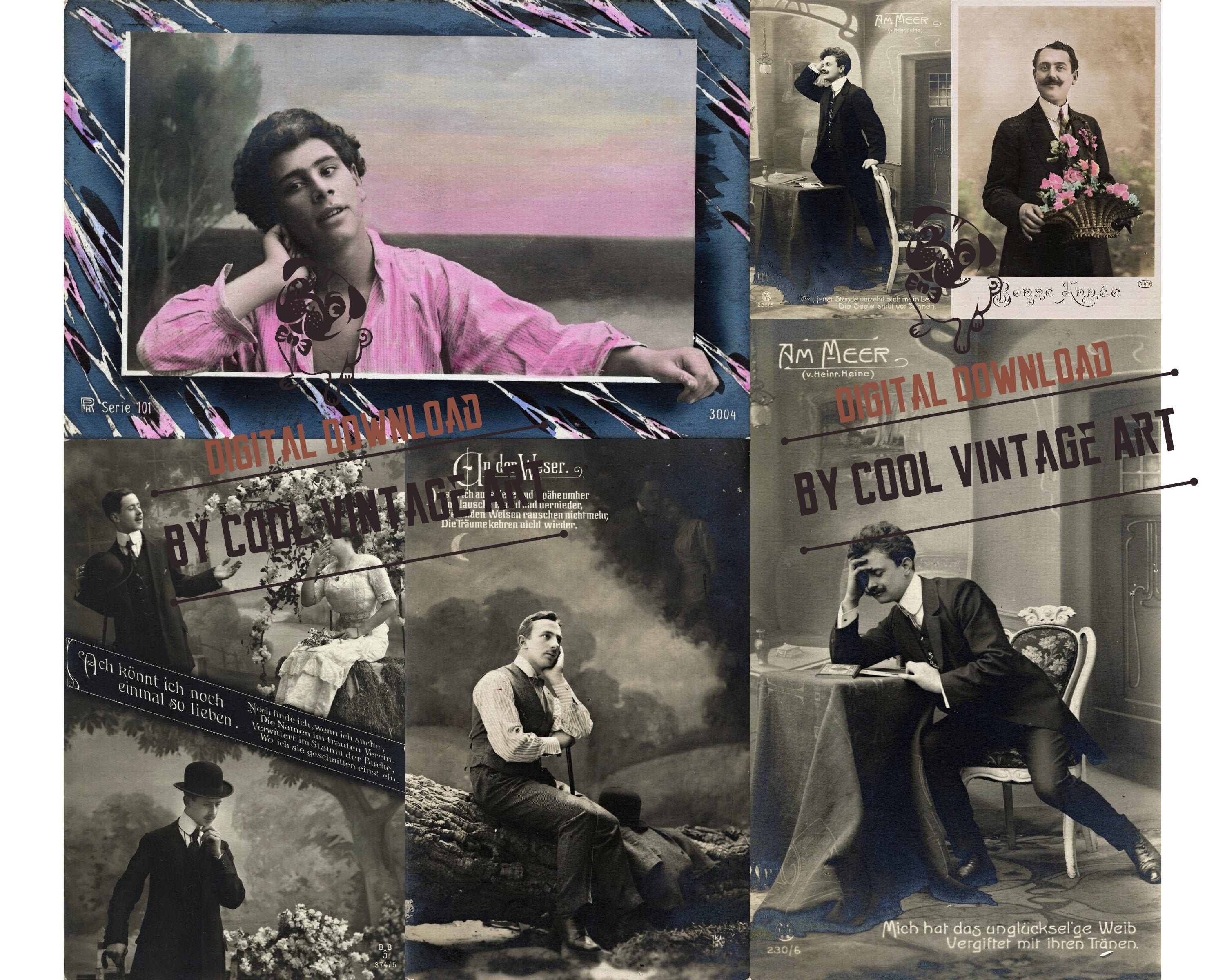 7 Vintage Postcards Men Digital Download, Instant Download Real Photo ...