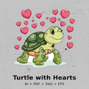 Cute Cartoon Turtle With Hearts Clip Art for Valentines Day Svg Ai Eps ...