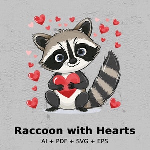 Cute Cartoon Raccoon With Hearts Clip Art for Valentines Day - Svg Ai ...