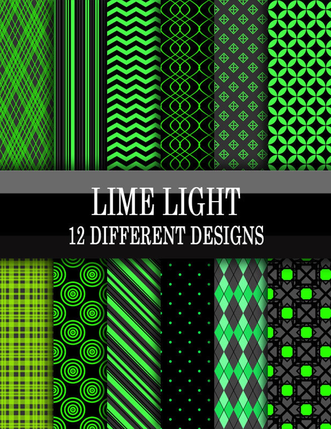 Scrapbook Paper - Digital Download - Lime Light - Bright Green, Black ...