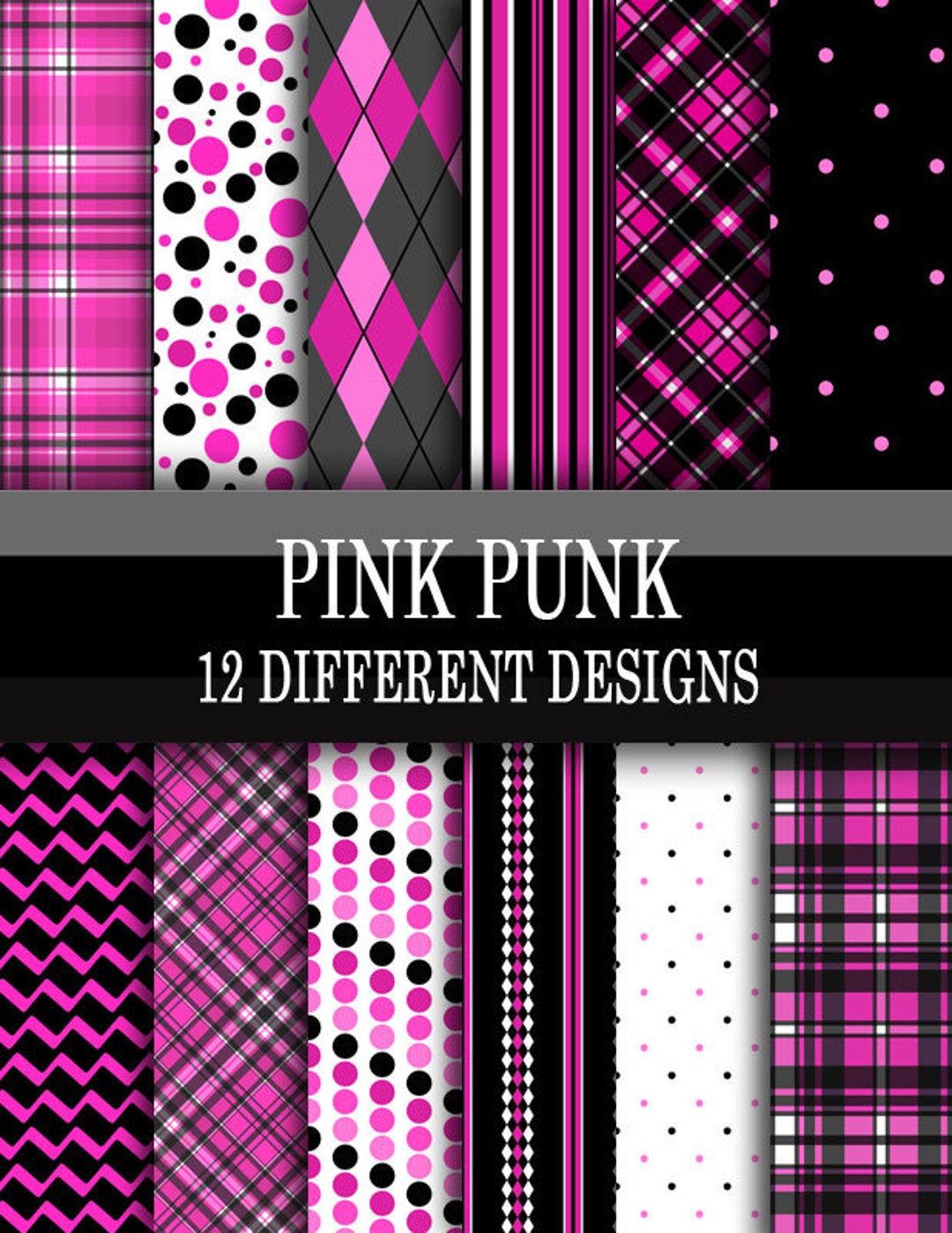 Scrapbook Paper - Digital Download - Punk Pink - Pink, Black, White ...