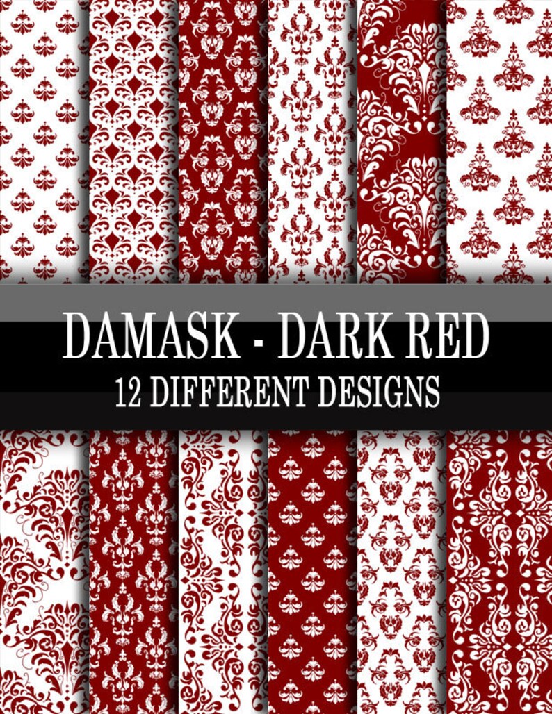 Scrapbooking Paper Basics - Damask Patterns - Dark Red - 12 Different ...