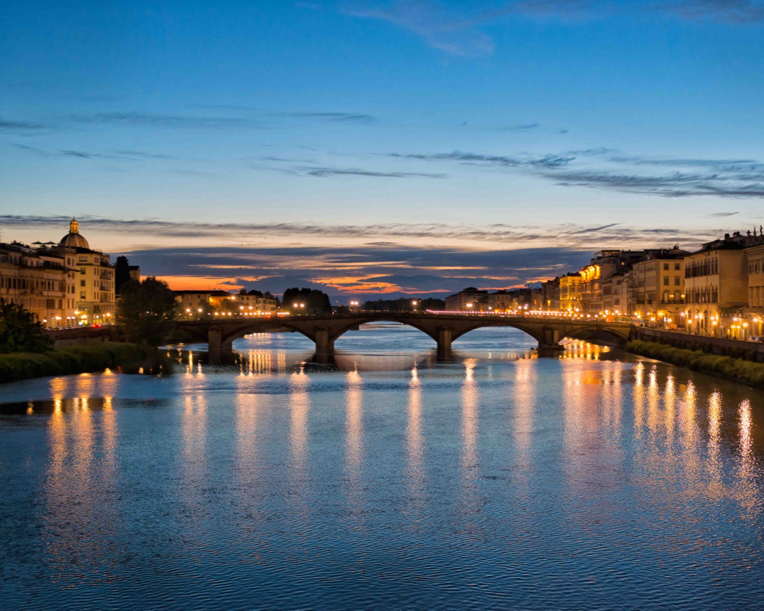 Florence, Italy, River, Bridge, Sunset, Water, Lights, Blue and Gold ...