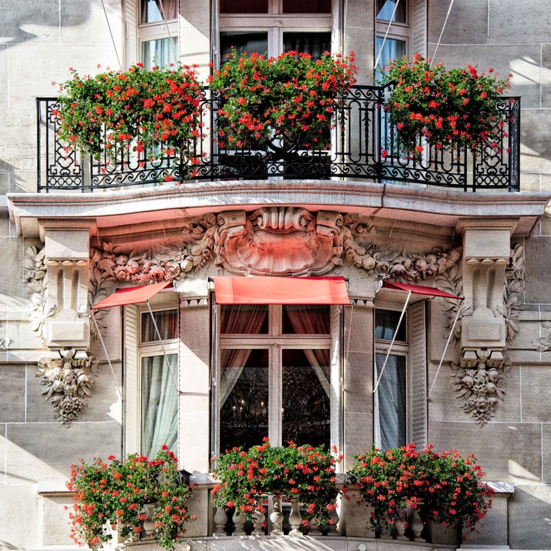 Paris Apartments With Red Flowers and Awning Photography, Near Champs ...