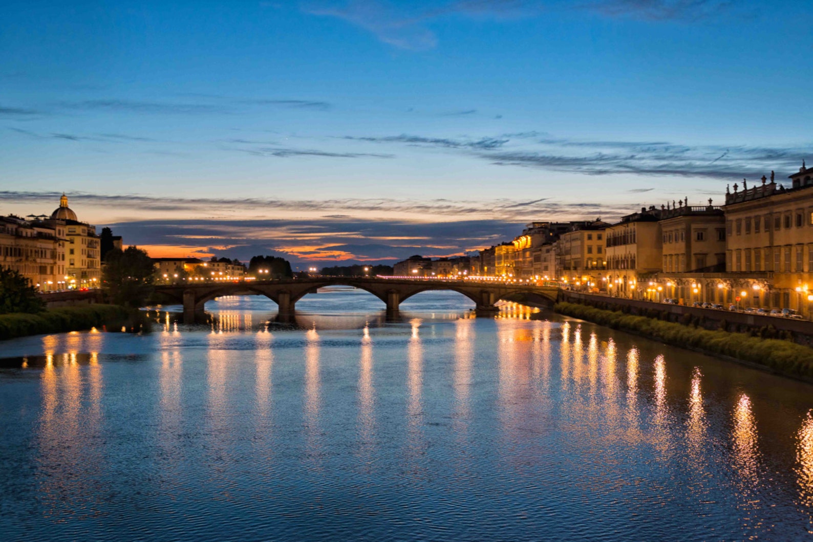 Florence, Italy, River, Bridge, Sunset, Water, Lights, Blue and Gold ...