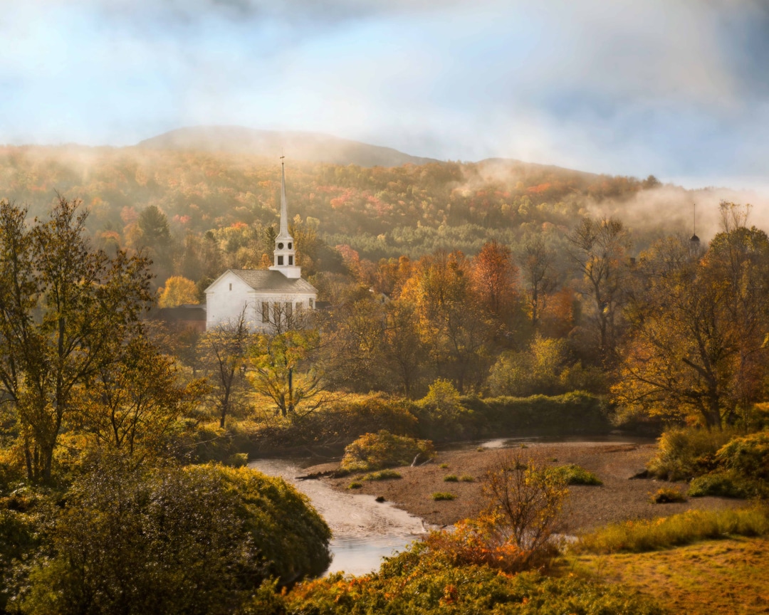 Vermont Church in Autumn Photograph, New England Fall Trees and Foggy ...