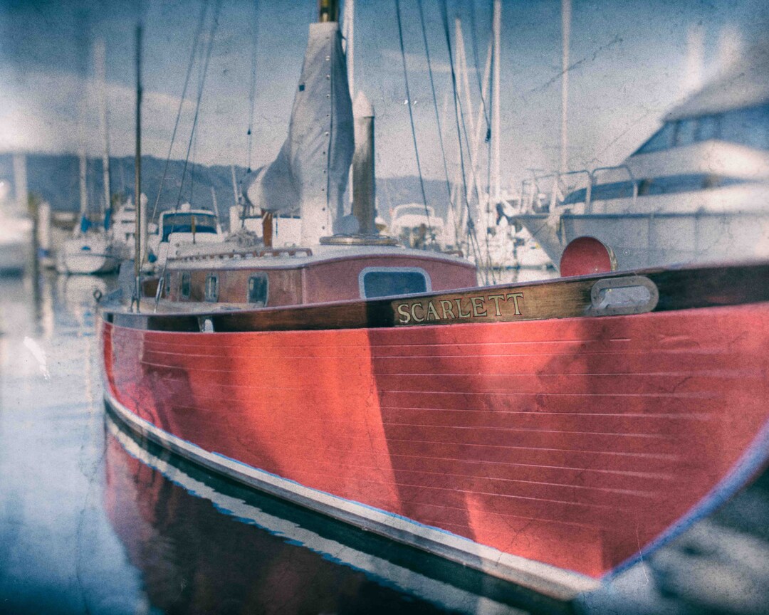 Sail Boat, Red, Ocean, Mast, Vintage, Blue, Docked - Scarlett Harbor - Etsy
