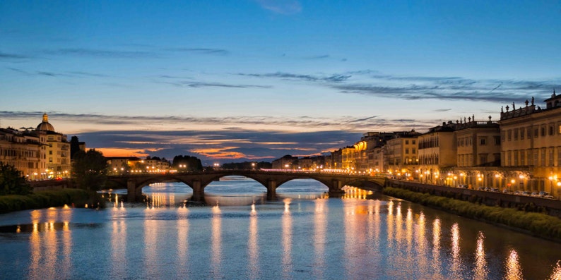 Florence, Italy, River, Bridge, Sunset, Water, Lights, Blue and Gold ...