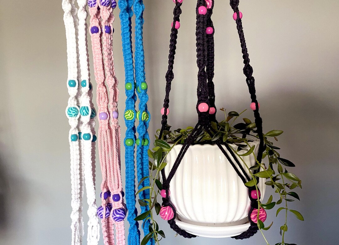 Colorful Zebra / Tiger Print Macrame Plant Hanger W/ Handpainted Beads ...
