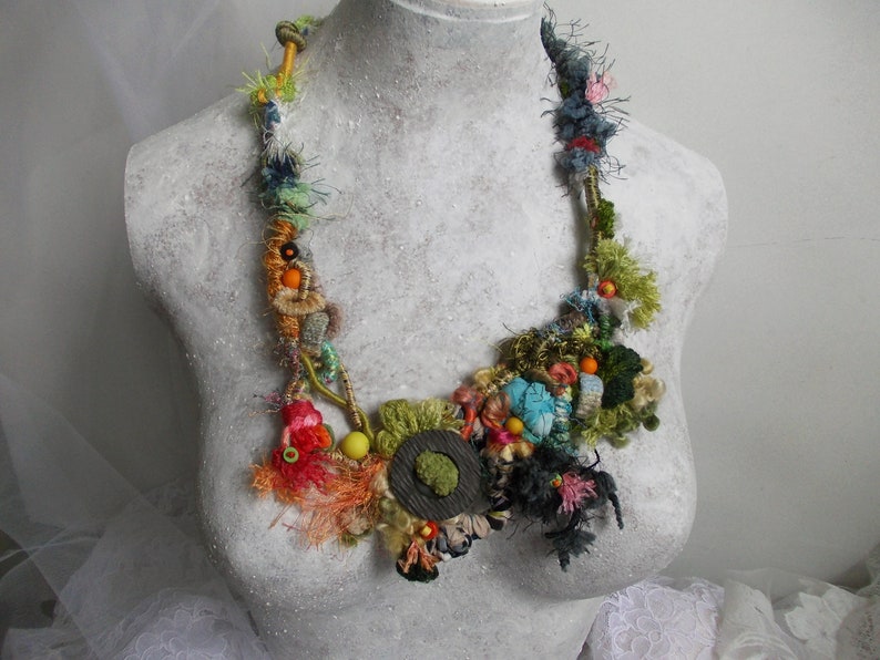 Rustic colorful hand wrapped fiber statement necklace handmade | Etsy