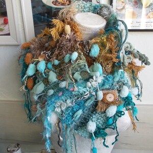 Blue Beige Gray Ocher Knit Patchwork Pom Pom Neck Warmer Brooch Pin Shawl Christmas Gift Boho ...