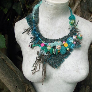 Teal Green Colorful Wrapped Fabric Wool Necklace Unique Hand Painted ...