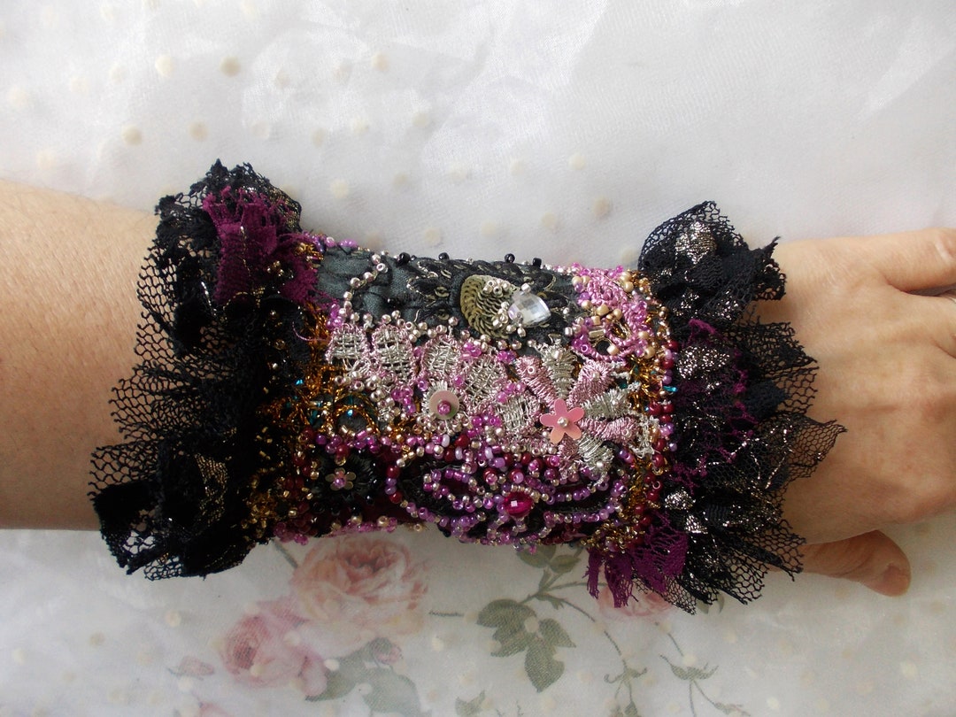 Victorian Ruffle Hand Beaded Collage Wrist Cuff Manually Stitched ...