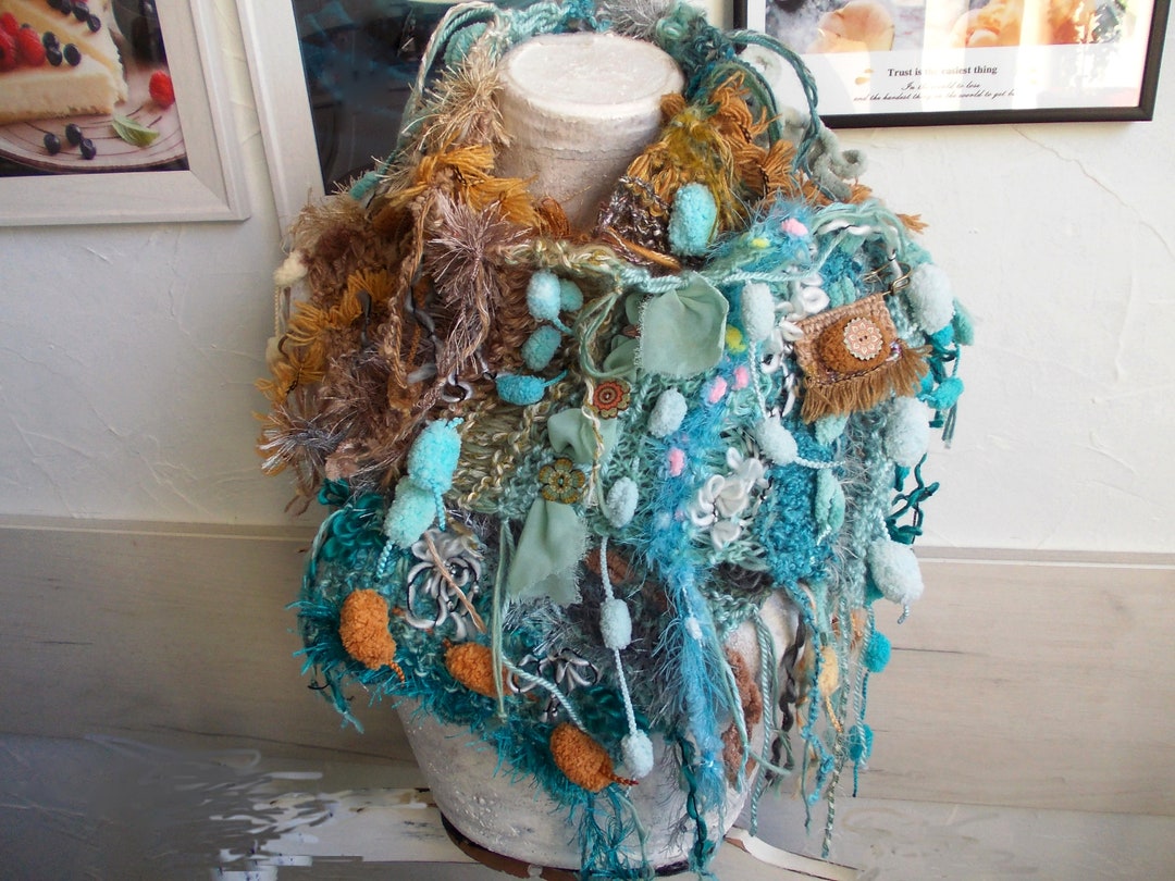 Blue Beige Gray Ocher Knit Patchwork Pom Pom Neck Warmer - Etsy