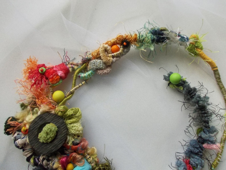 Rustic colorful hand wrapped fiber statement necklace handmade | Etsy