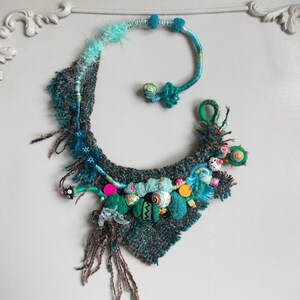 Teal Green Colorful Wrapped Fabric Wool Necklace Unique Hand Painted ...