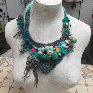 Teal Green Colorful Wrapped Fabric Wool Necklace Unique Hand Painted ...
