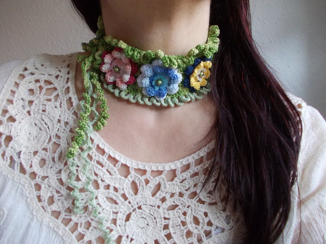 Green Choker Crochet Colorful Floral Necklace Spring Statement Flowers ...