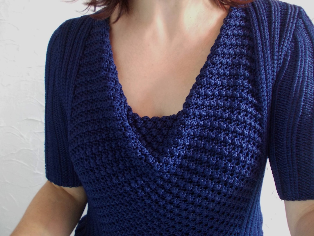 Unique Dark Blue Hand Knit Blouse Feminine Silky Elegant for All Season ...