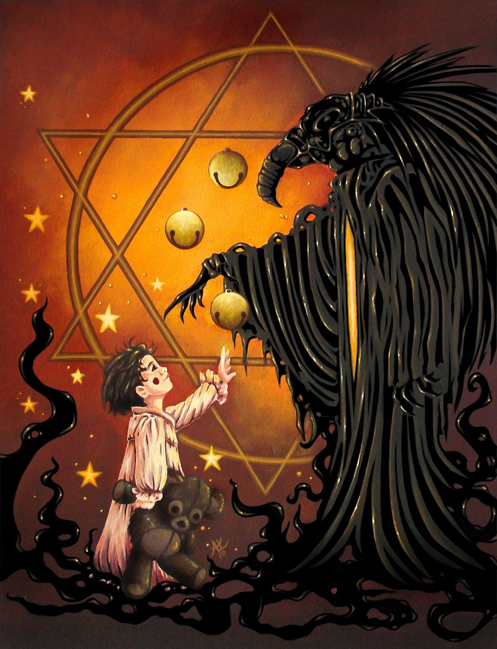 Bird Demon Monster Small Boy Bells Pentagram Acrylic Painting Gothic ...