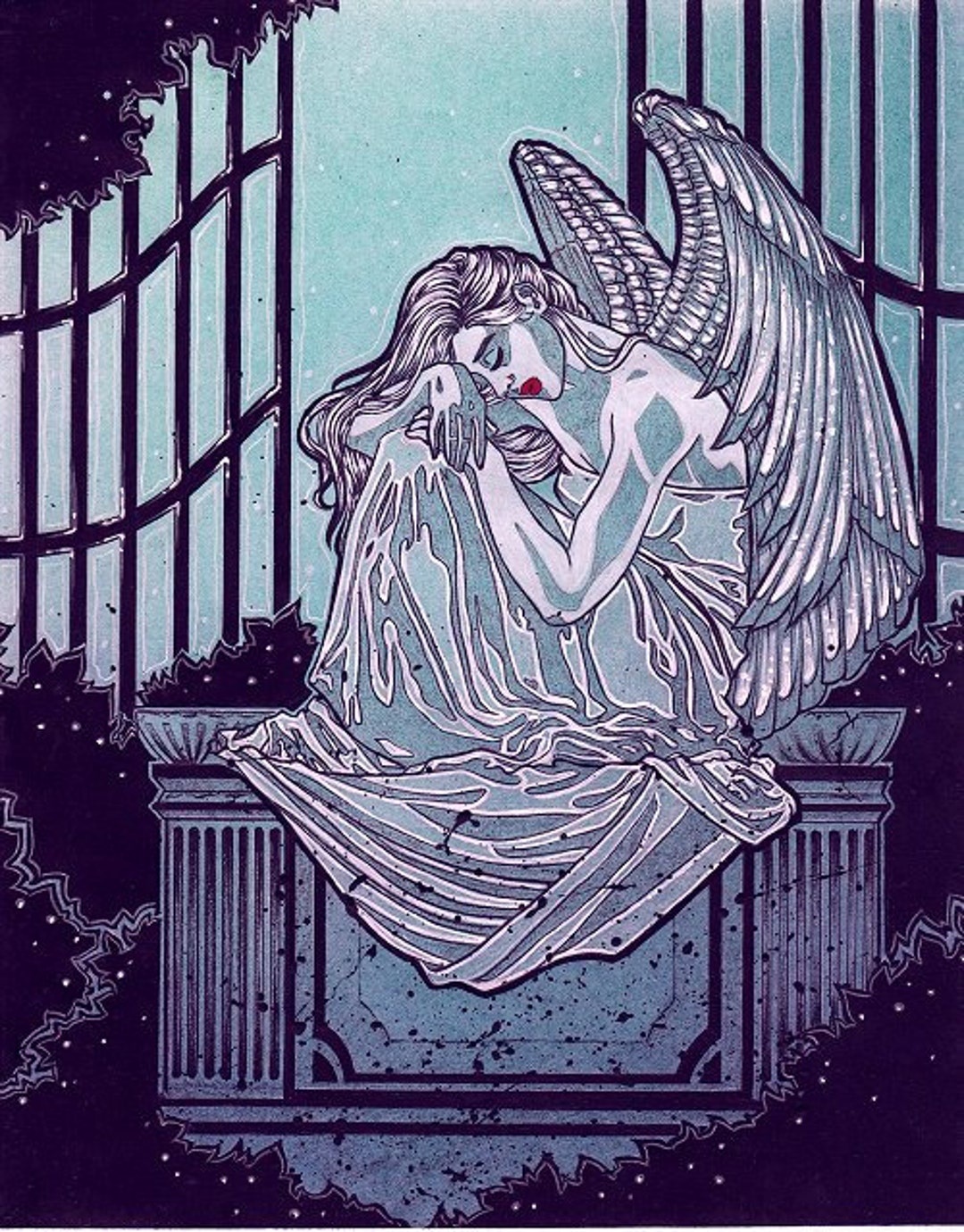 Beautiful Angel Cemetery Monument Statue Charcoal Drawing Gothic ...